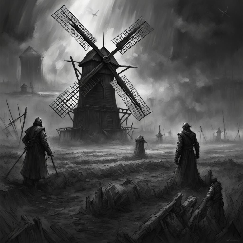 Dark, windmill, dead bodies across the field, smoke, war, abandonment ...