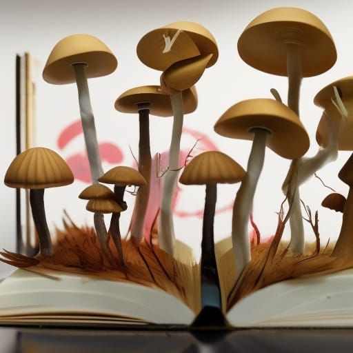 forest of paper mushrooms springs from the pages of an open book - AI Generated Artwork ...