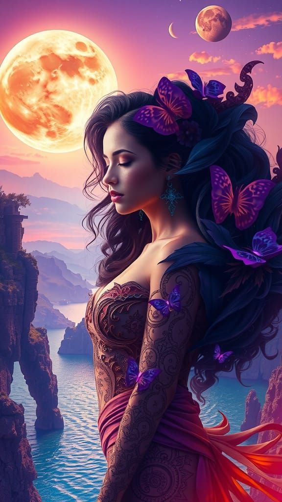 Exotic Alien Goddess amidst Vibrant Celestial Land... - AI Art