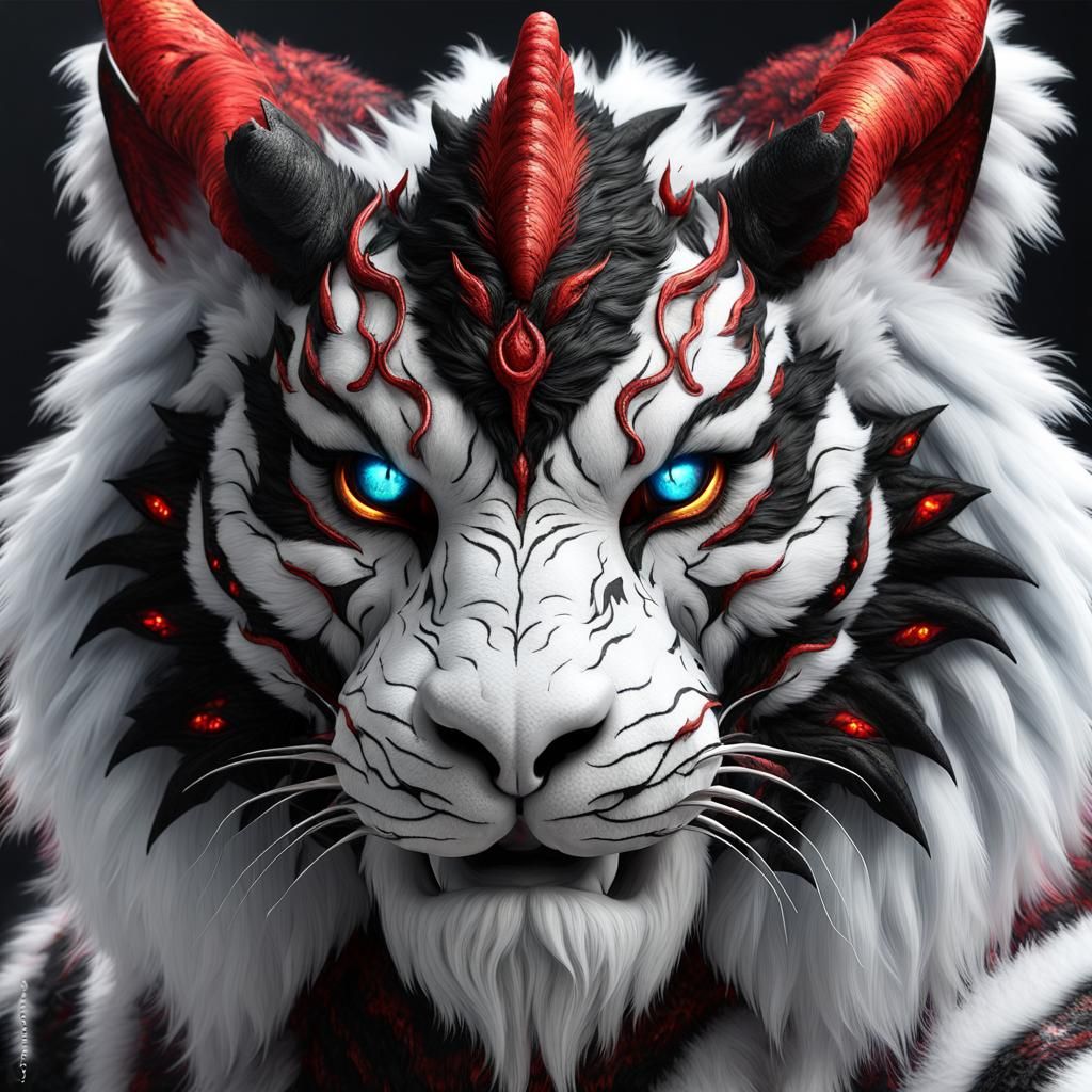 adorable large demon winged tiger demon, large sparking eyes, intricate ...