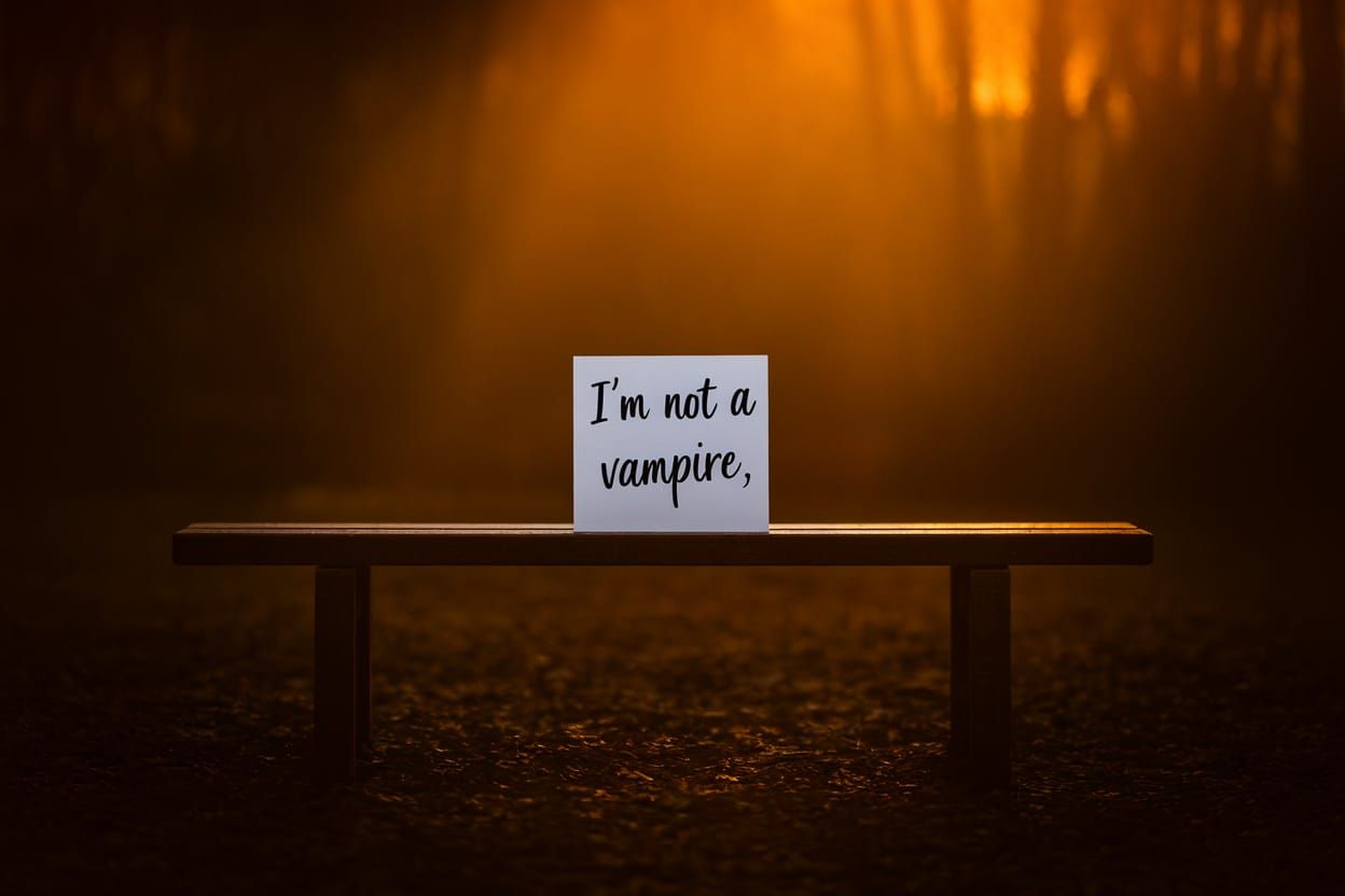 Definitely Not a Vampire 😉 - Misty Forest Bench with Note