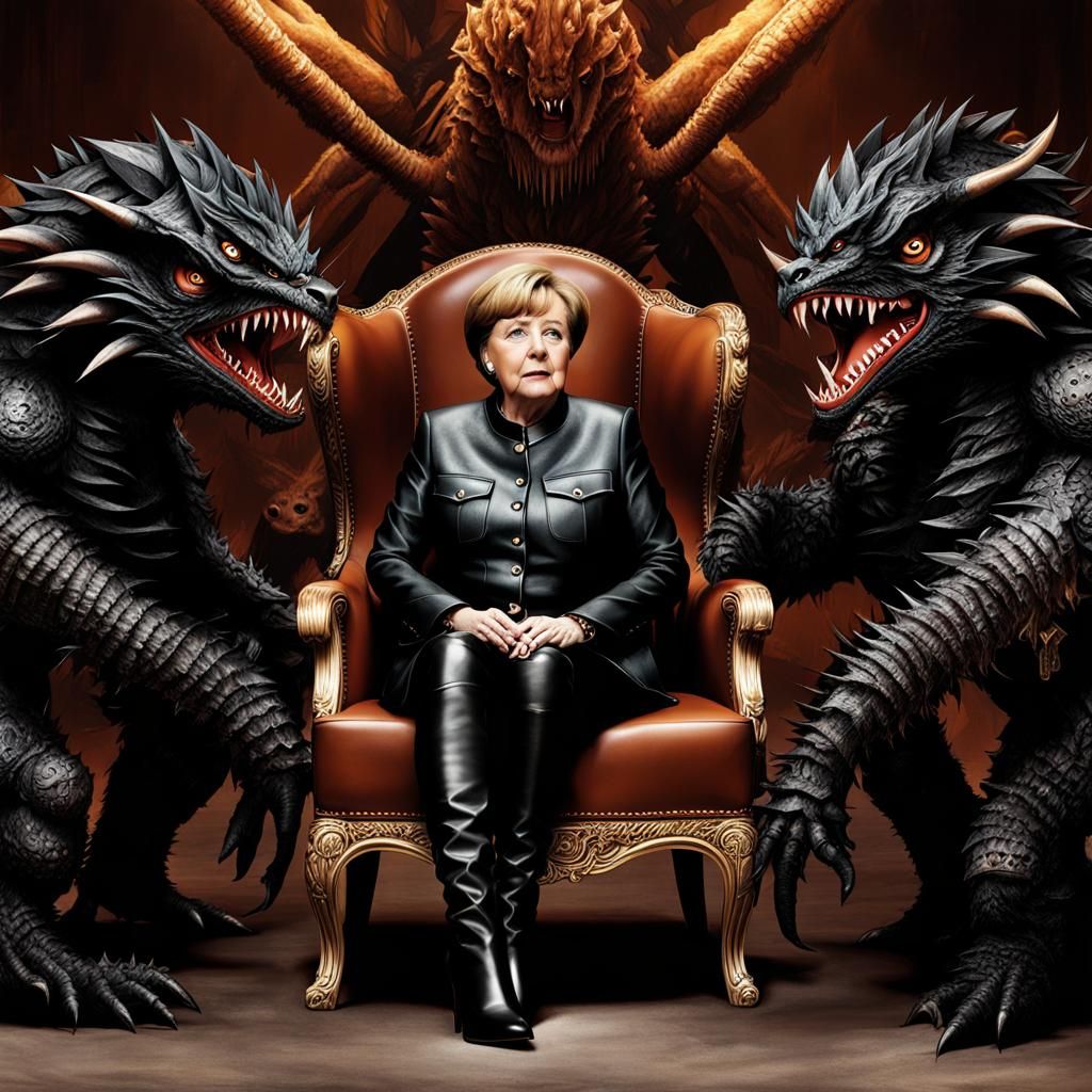 angela merkel in leather uniform and overknee boots surrounded by four ...