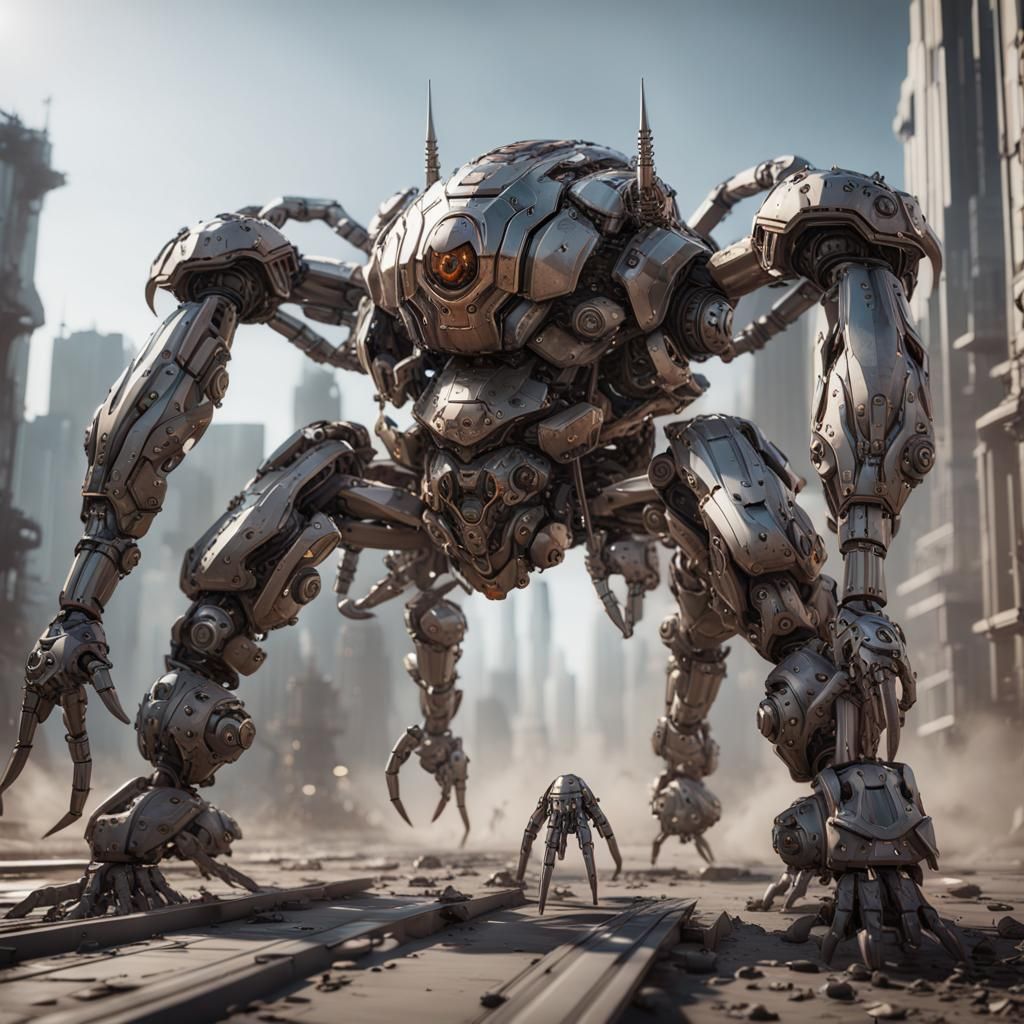 ogre titan with 4 amoured spider-like legs, intricate mech details ...