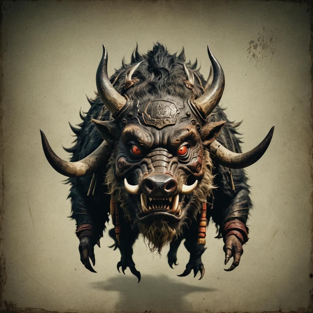 japanese oni mask of a wild boar with tusks Cinematic film still, shot ...