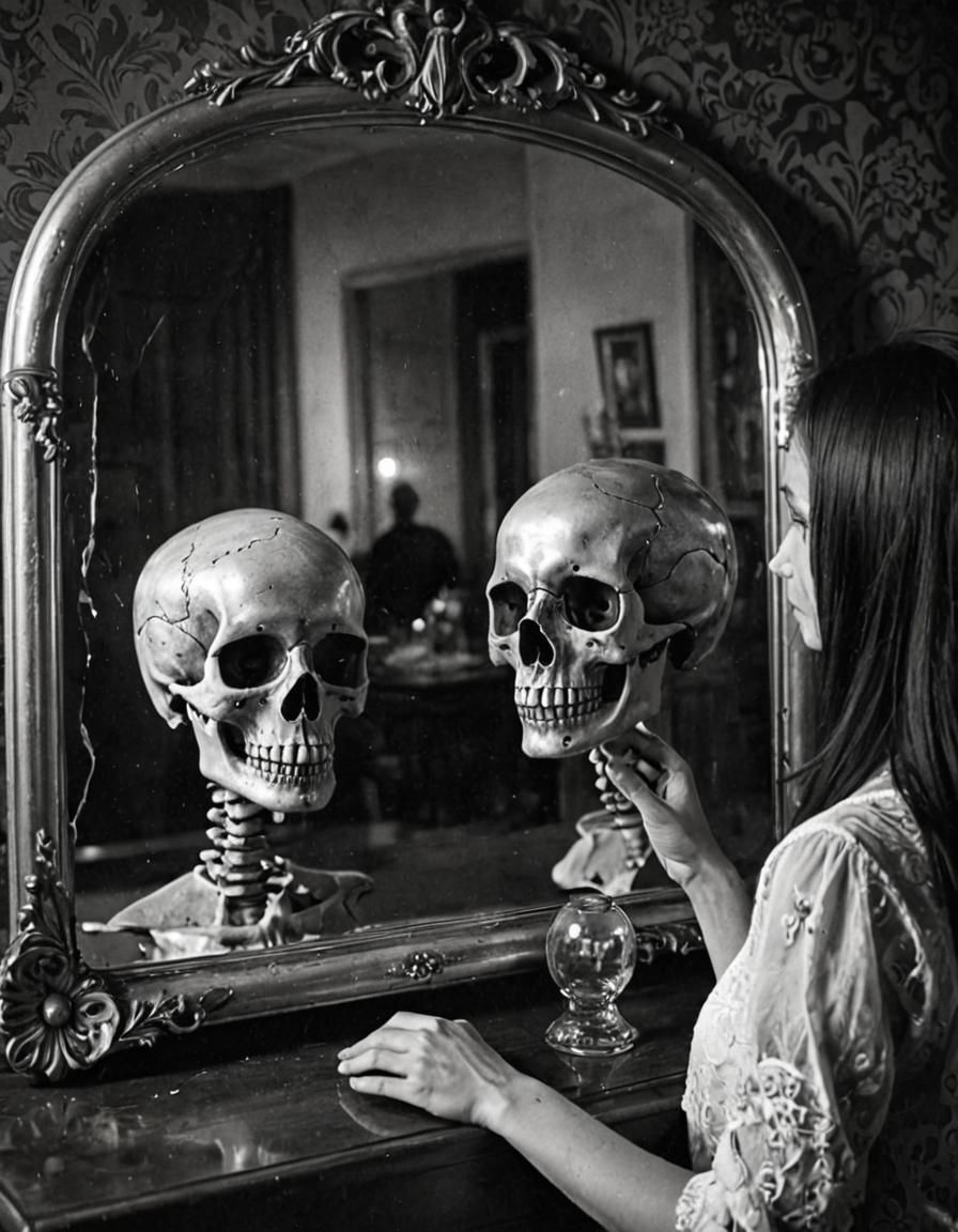 Woman looking her spooky skull reflection in the mirror - AI Generated ...
