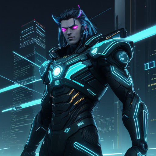 "Design an ultra-futuristic and glowing Tron-inspired leader named ...