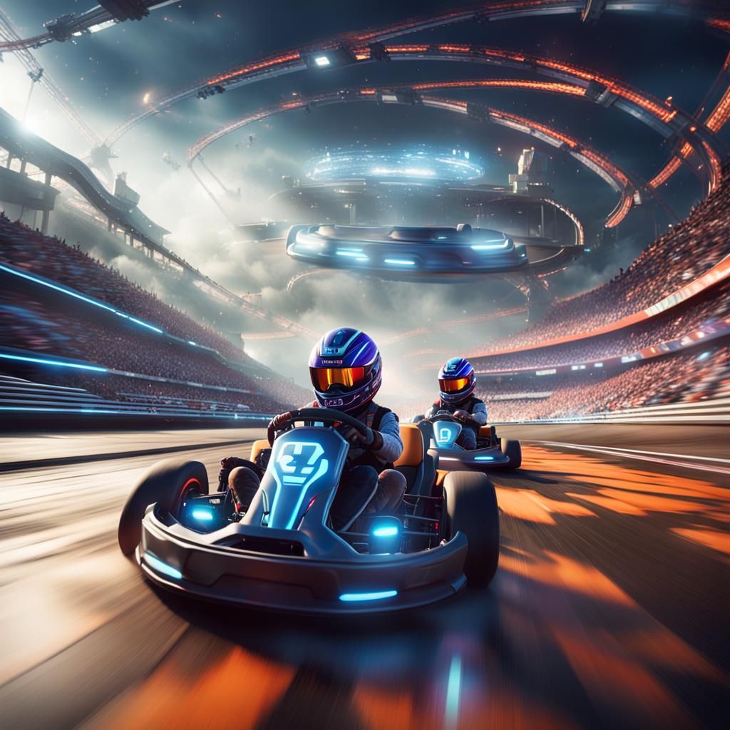 Go kart racers wearing high tech futuristic racing gear driving high ...