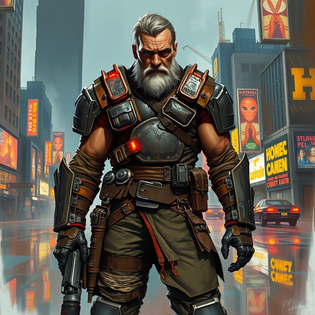 mercenary - Cyberpunk Mercenary Stands Tall in Gritty Citysc...