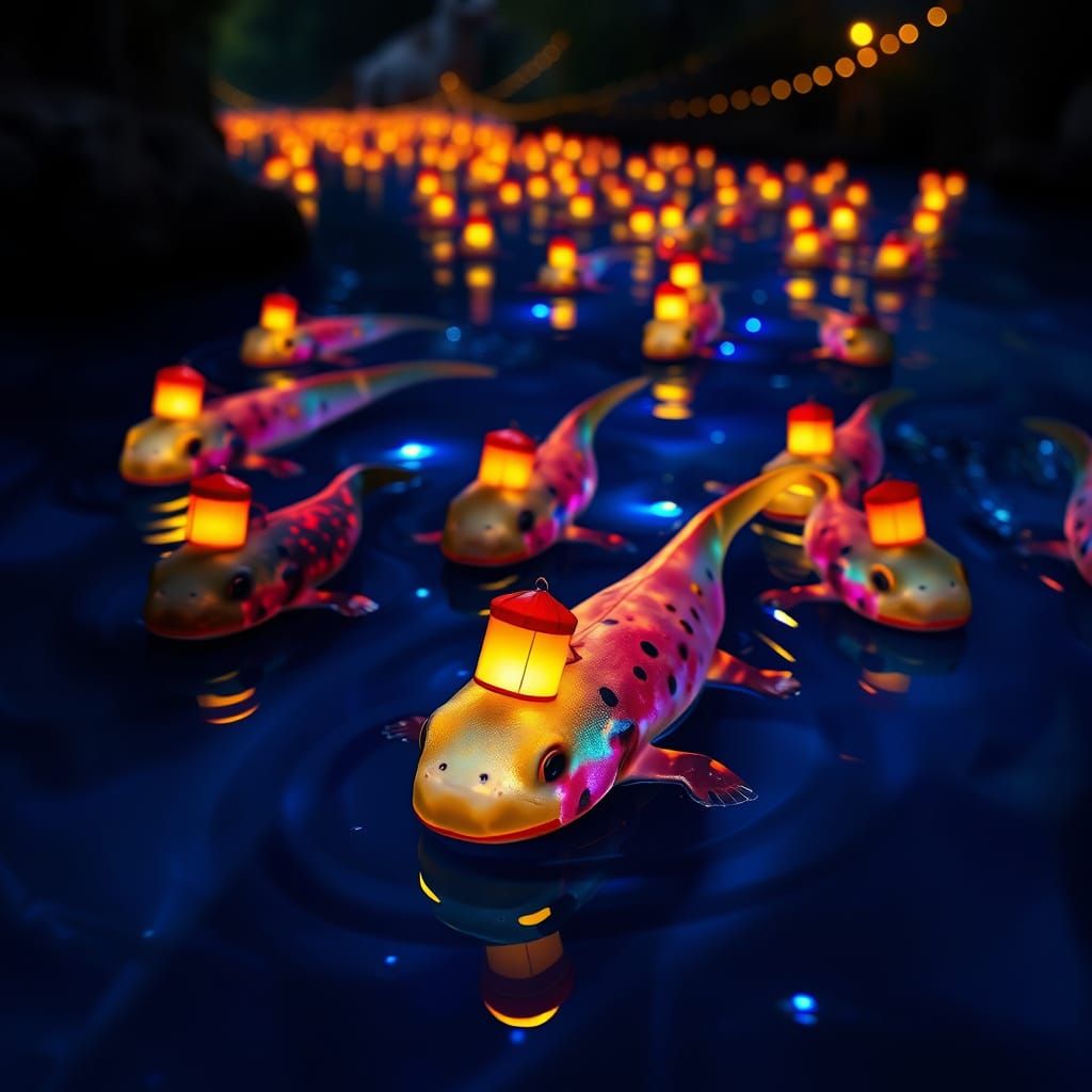 Mystical Axolotl Lantern Festival in a Bioluminesc... - AI Art
