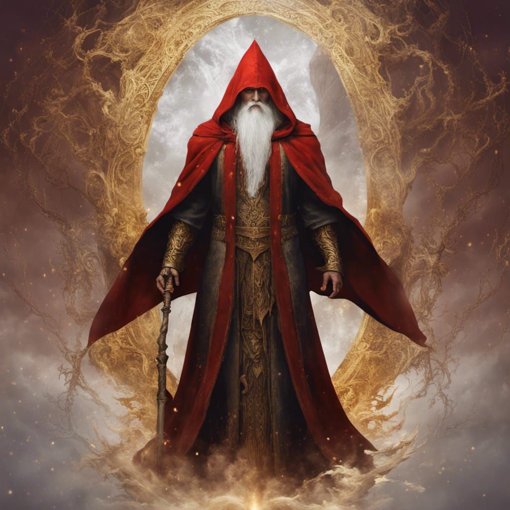 Male wizard with long thin white hair, boney frame, golden hued skin ...