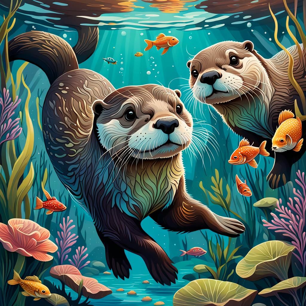otters swimming through river. - AI Generated Artwork - NightCafe Creator