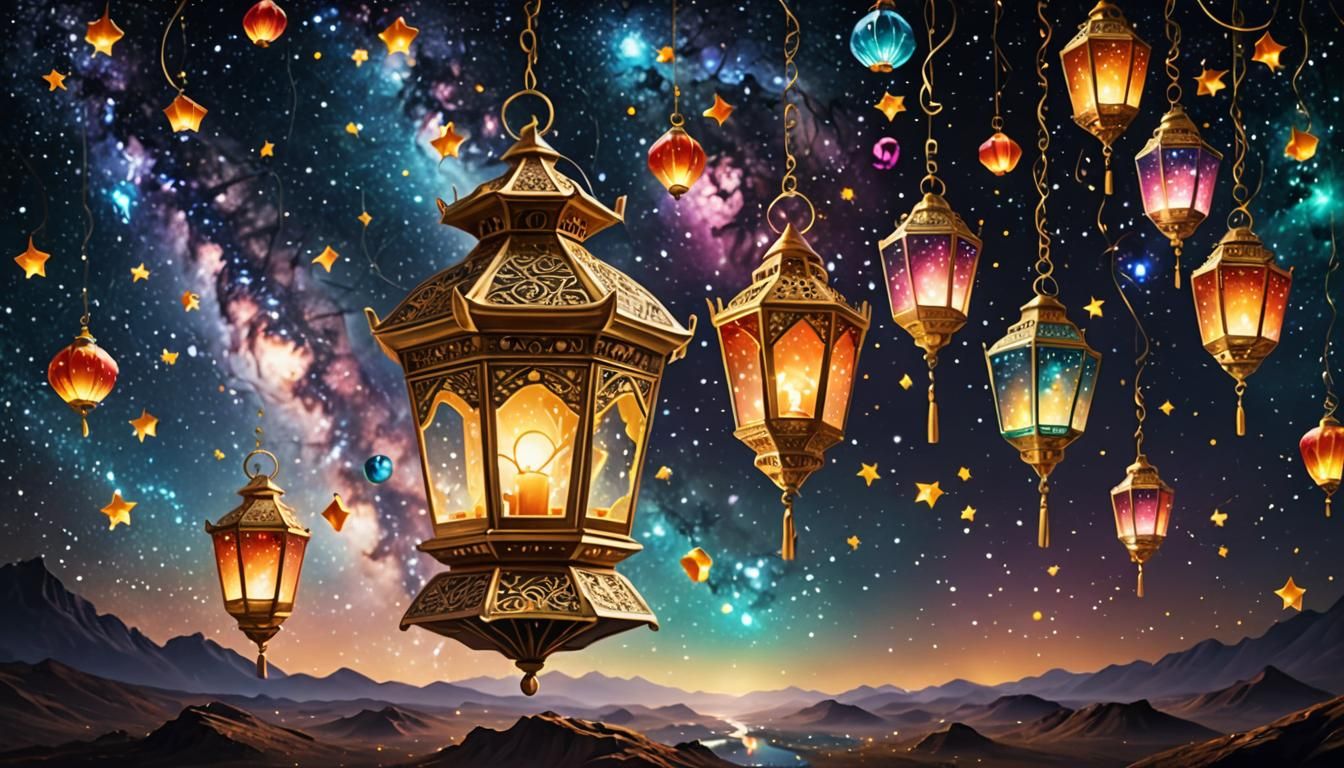 Lanterns floating in the empty void between stars - AI Generated ...