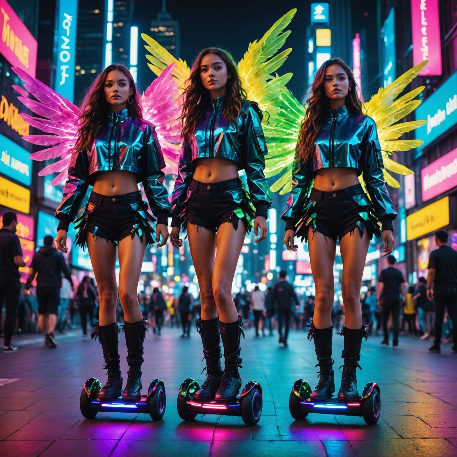With future-dress and neon wings on hoverboards in a cyber city