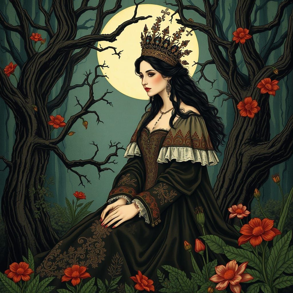 Mystical Queen in Renaissance-Inspired Attire, Sur... - AI Art