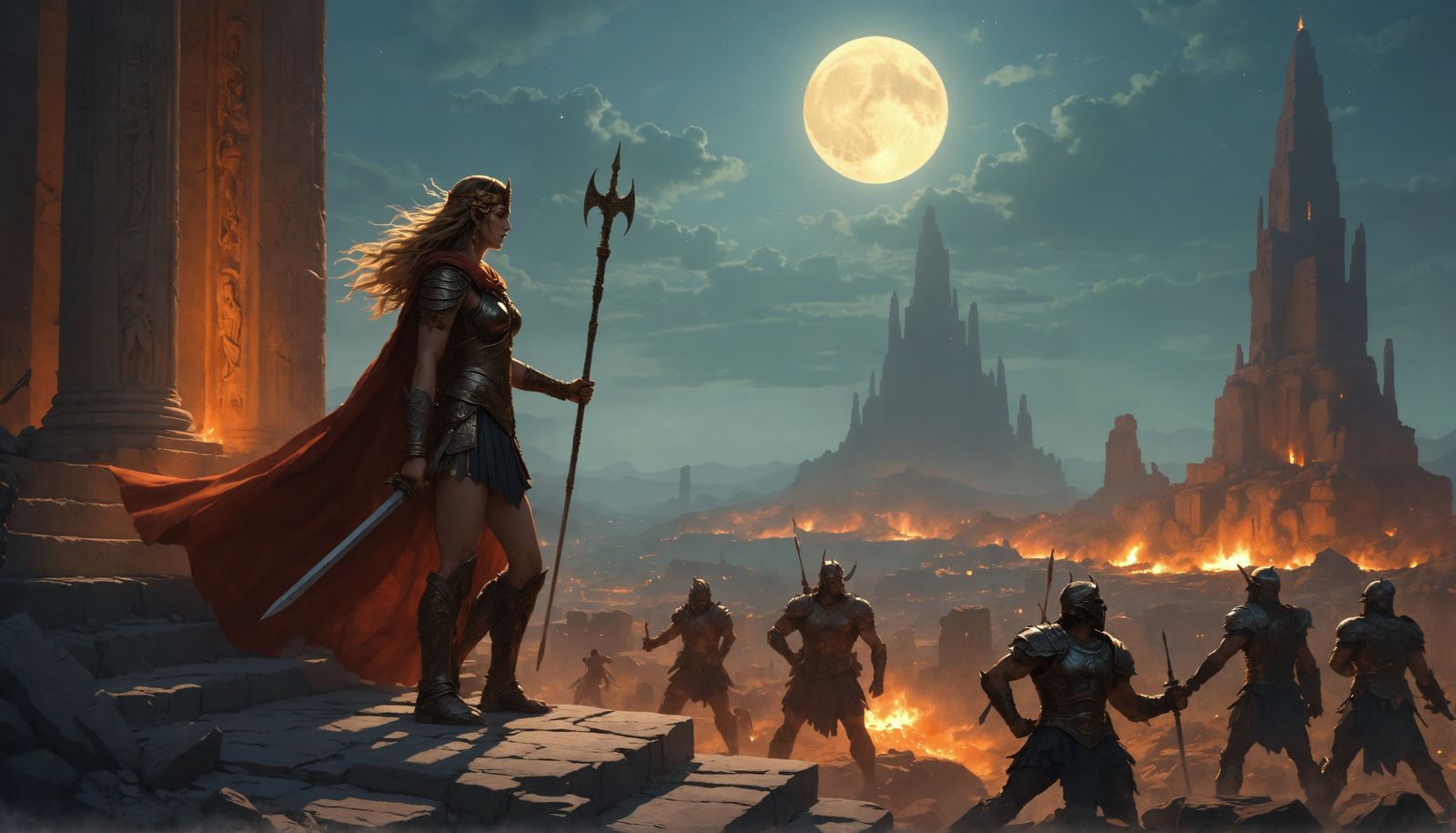 Battle of the Temple of Ares, perched atop a rocky hill under a moonlit ...