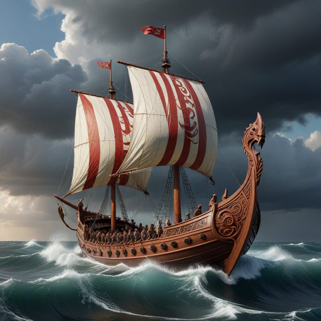Longboat - Viking Longship Sails Through Stormy Seas in Intr...