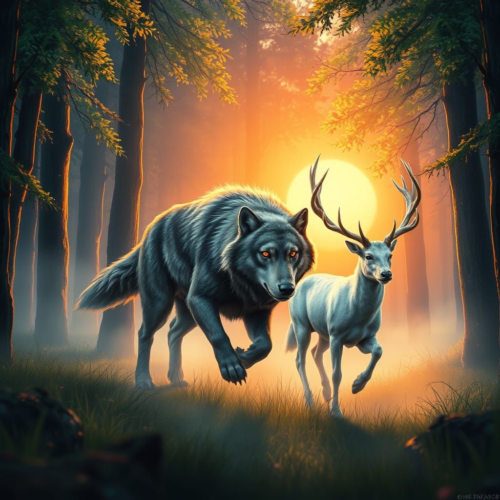 Majestic Dire Wolf Chases Rare White Stag Through ... - AI Art
