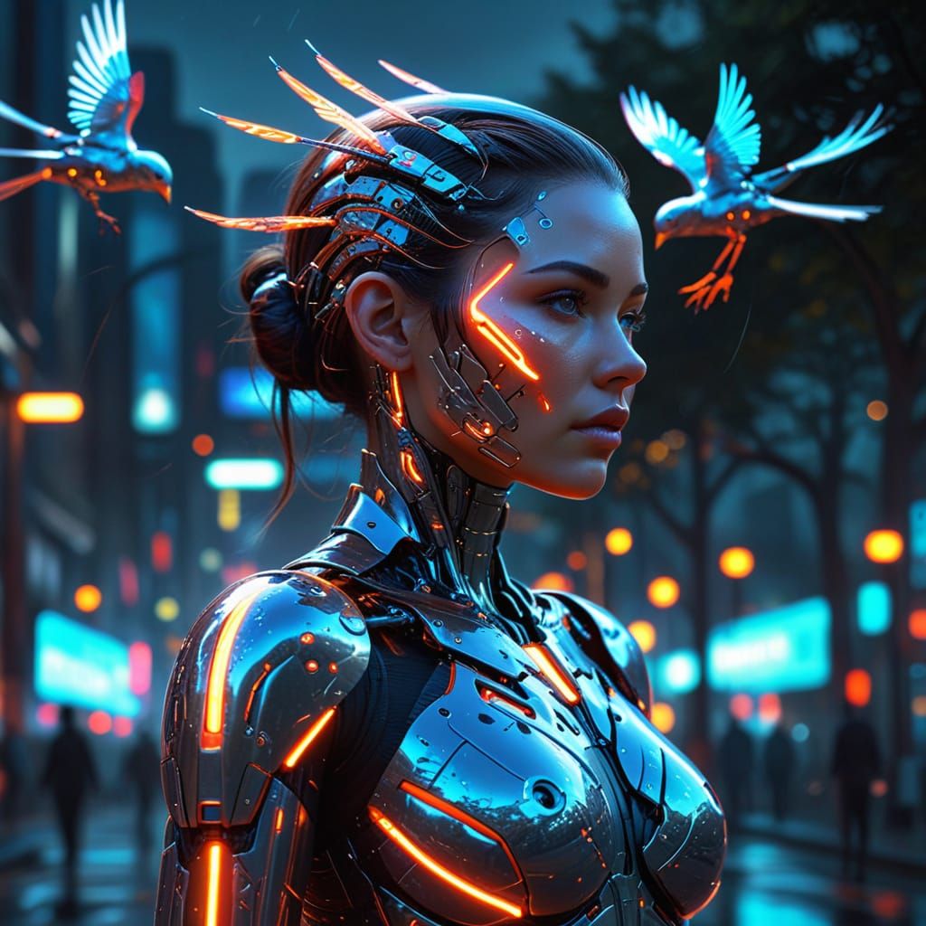 Cyborg Woman with Pets in Futuristic Neon Park - AI Art