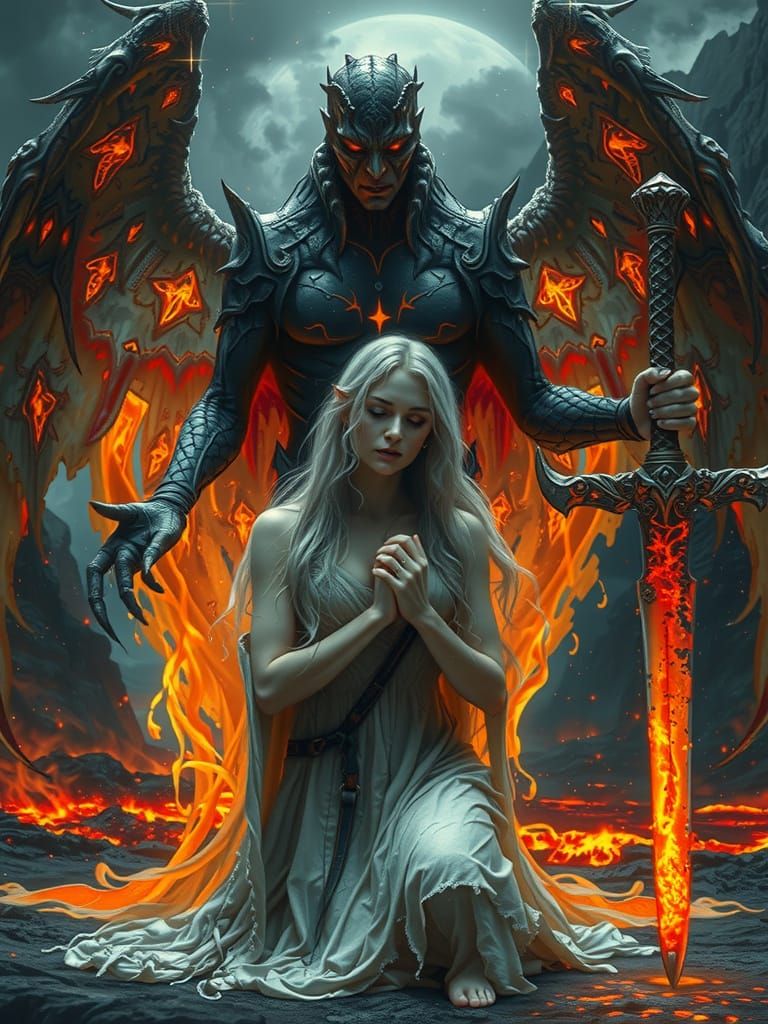 A fallen, female angel kneels in submission, her once-pristine wings ...