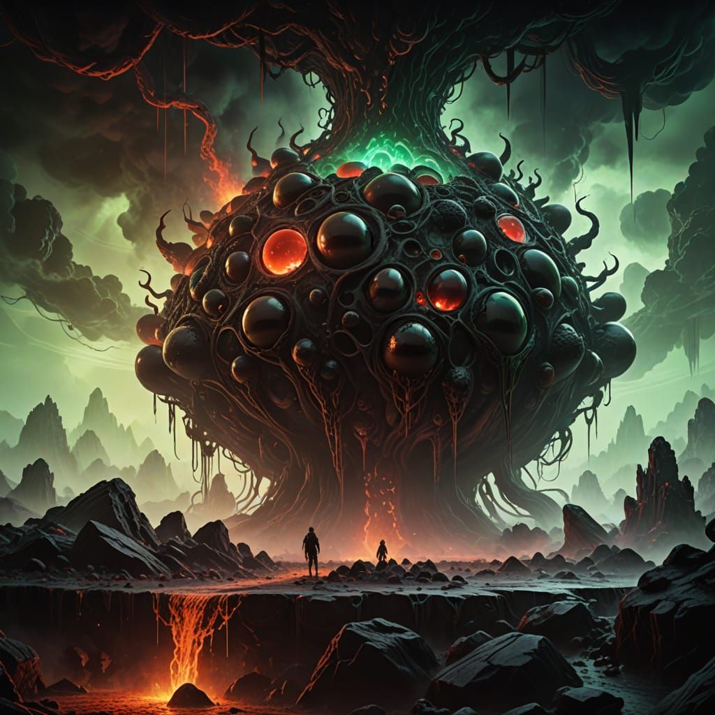 “A dark, mythical landscape where floating islands of polished obsidian ...