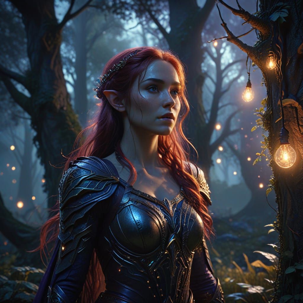 Beautiful elven girl with long deep red hair standing in a dark ...