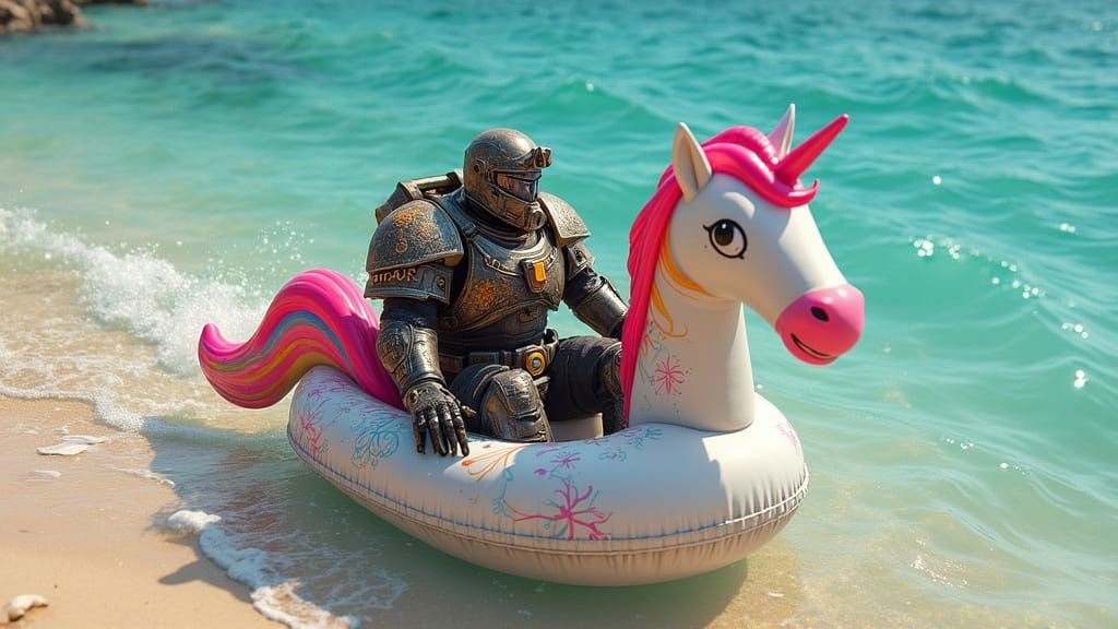 Warhammer Space Marine Rides Vibrant Unicorn Raft ... - AI Art