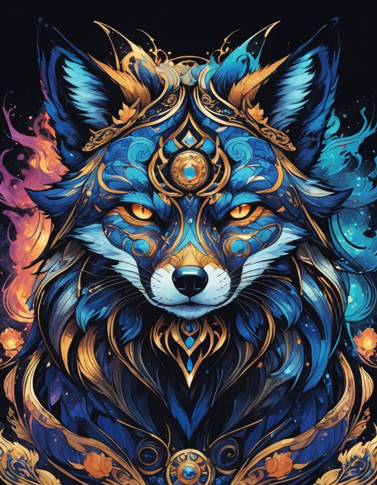 Mystical fox spirit with flame-like fur in elegant traditional Japanese ...