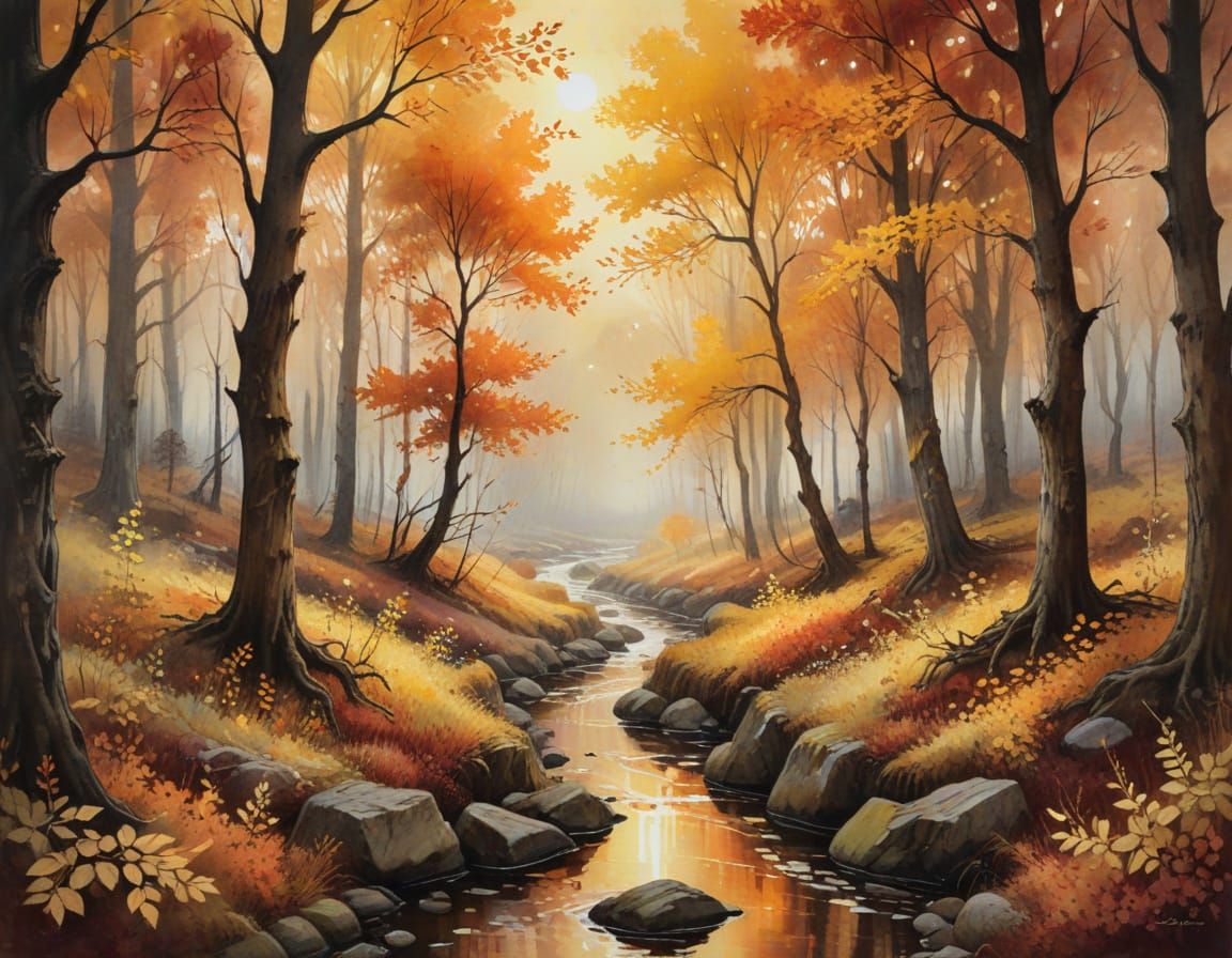 Mystical Autumn Forest: An Impressionist Painting - AI Art