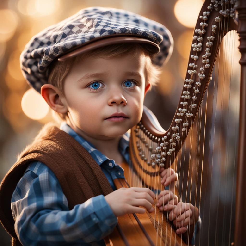 A 3-year-old boy plays a harp with blue eyes and a checkered hat in ...