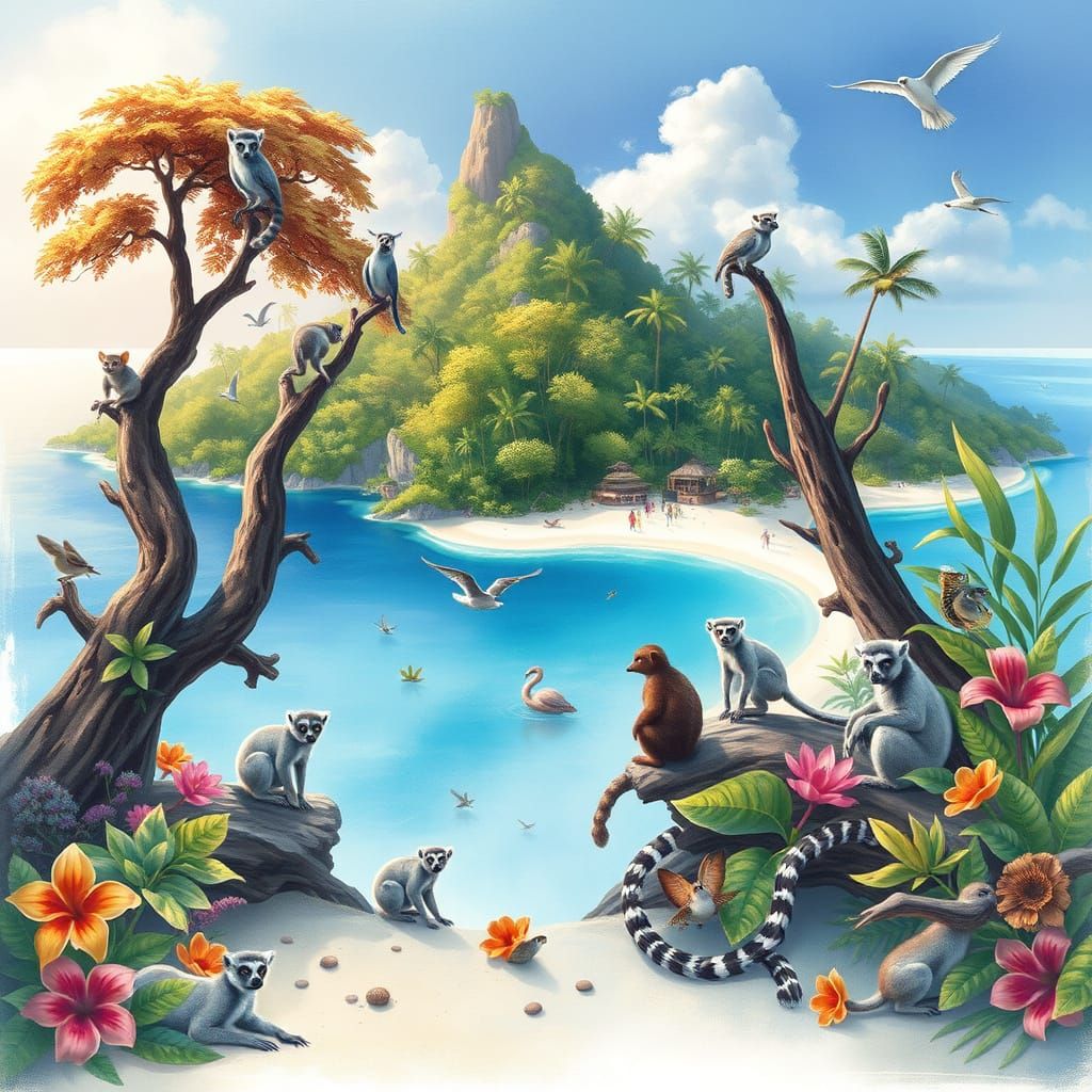 Ethereal Lemur Paradise on Pristine Island - AI Art