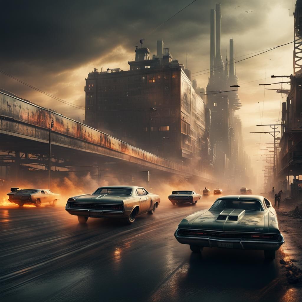 nuclear powered drag racers on the boulevard in an unnamed dystopian ...