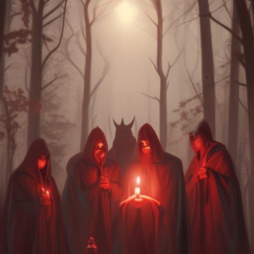 a cult meeting, its members wearing red hoods and unable to see their ...