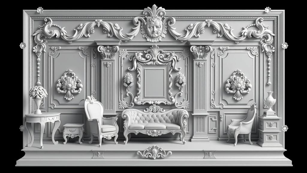 3d rococo relief, depth map, front view orthogonal, grayscale, no shadows, no light, no angle ...