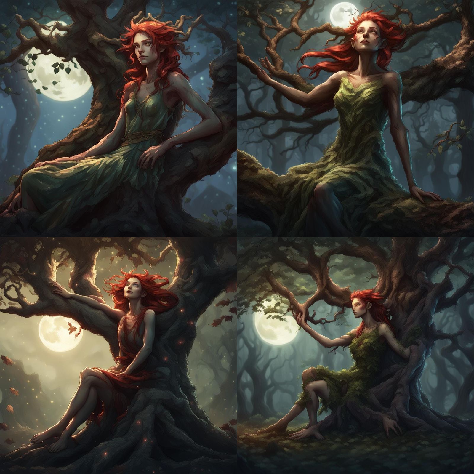 female dryad waking up from treeform, bare skin, flash tones, red hair, elegant pose, kind smile ...