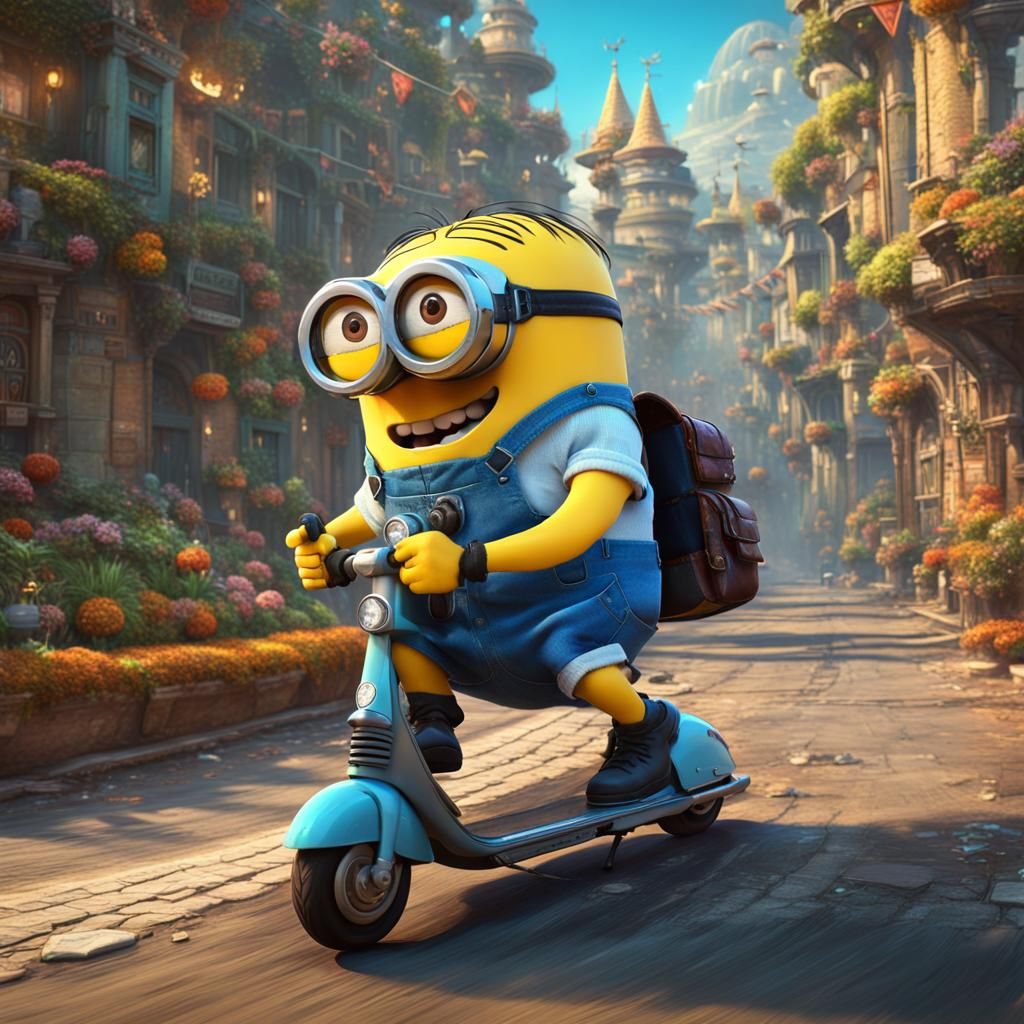 Minion riding a scooter. - AI Generated Artwork - NightCafe Creator