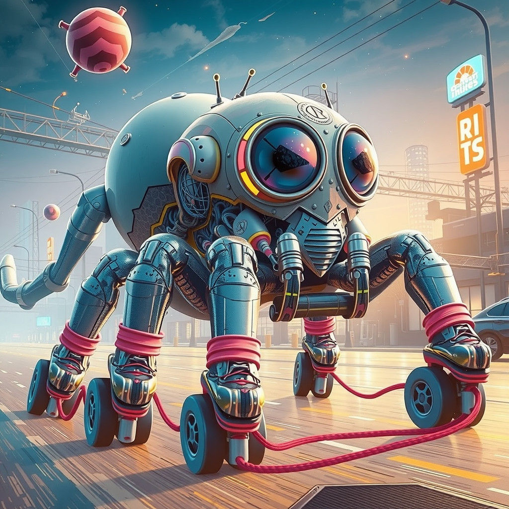 Futuristic Spider Roller Skates Through Neon City - AI Art
