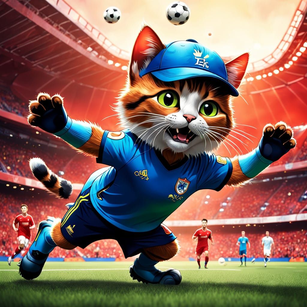 Goalkeeper Cat - Whimsical Cartoon Cats in Soccer Showdown