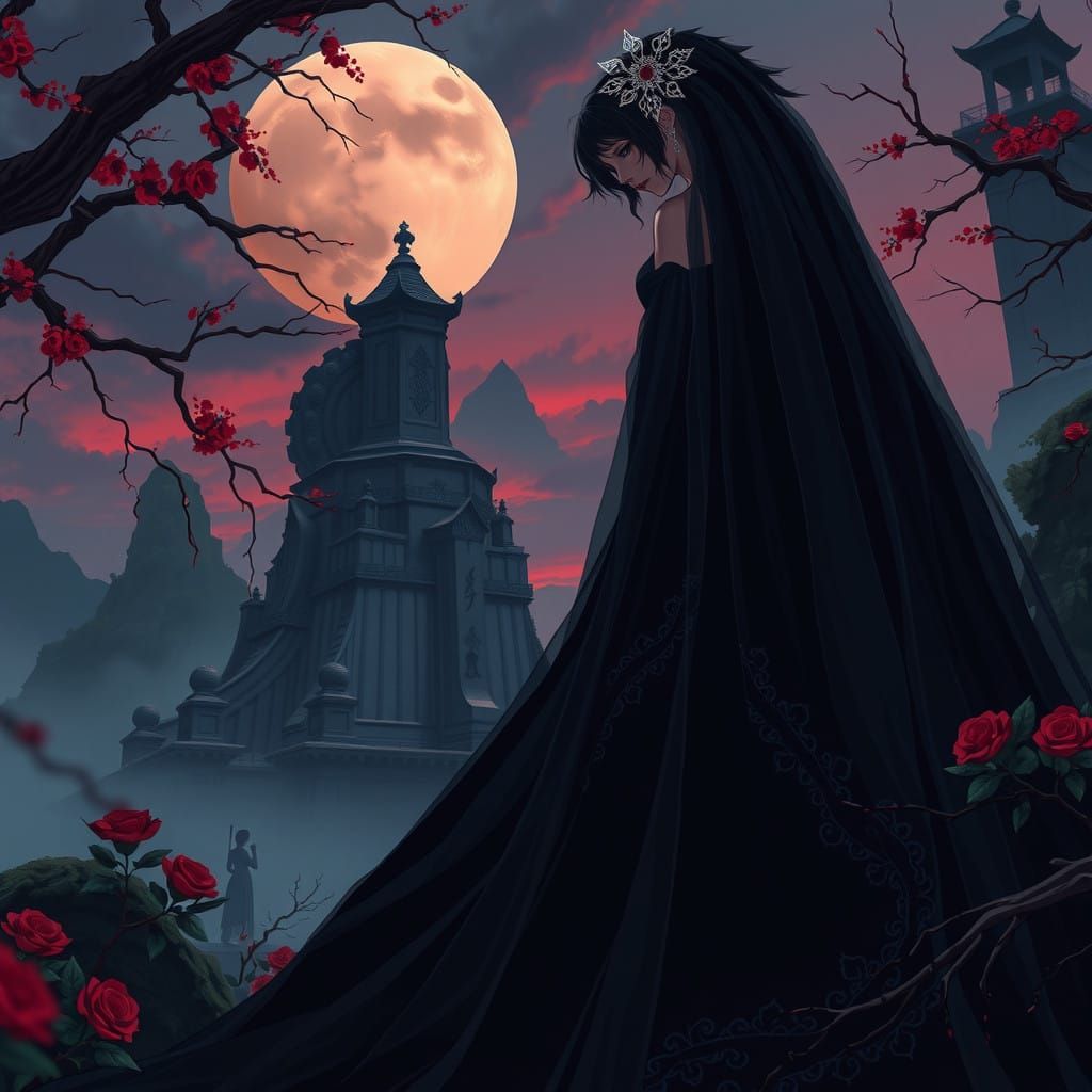The Bride - Dark Elegant Bride in Fantasy Anime Landscape