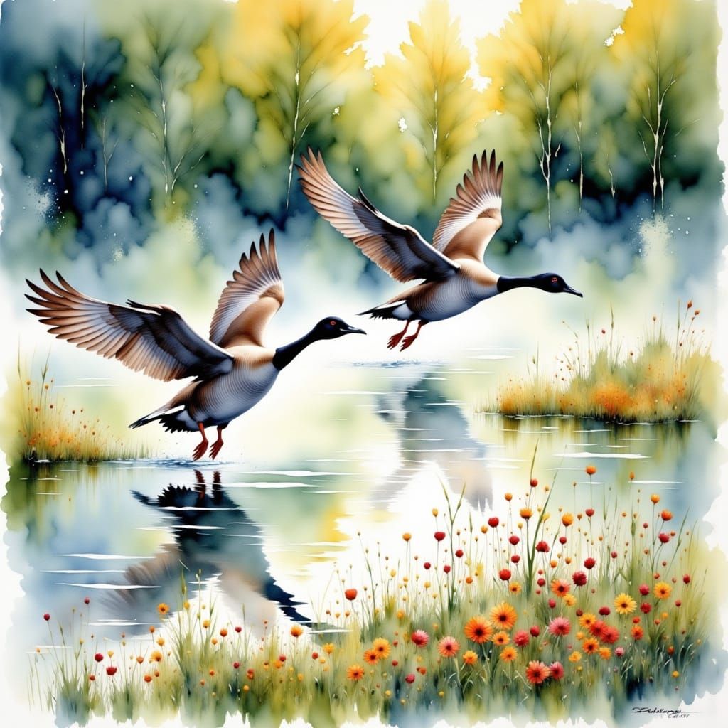 Geese in Flight: Impressionist Watercolor Landscap... - AI Art