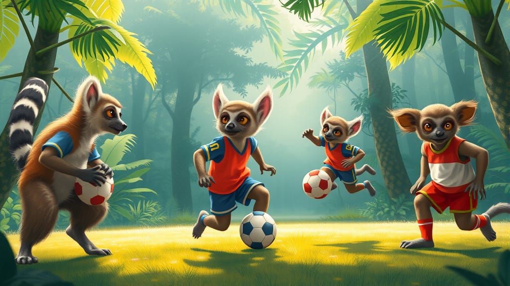 A team of lemurs playing a football match in a Madagascan rainforest ...