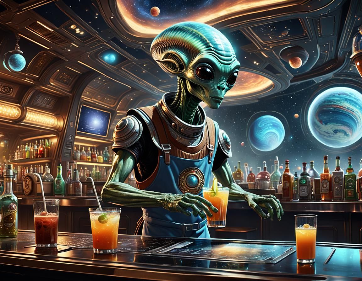 A steqmpunk alien wearing an apron, making drinks in a crowded star and ...