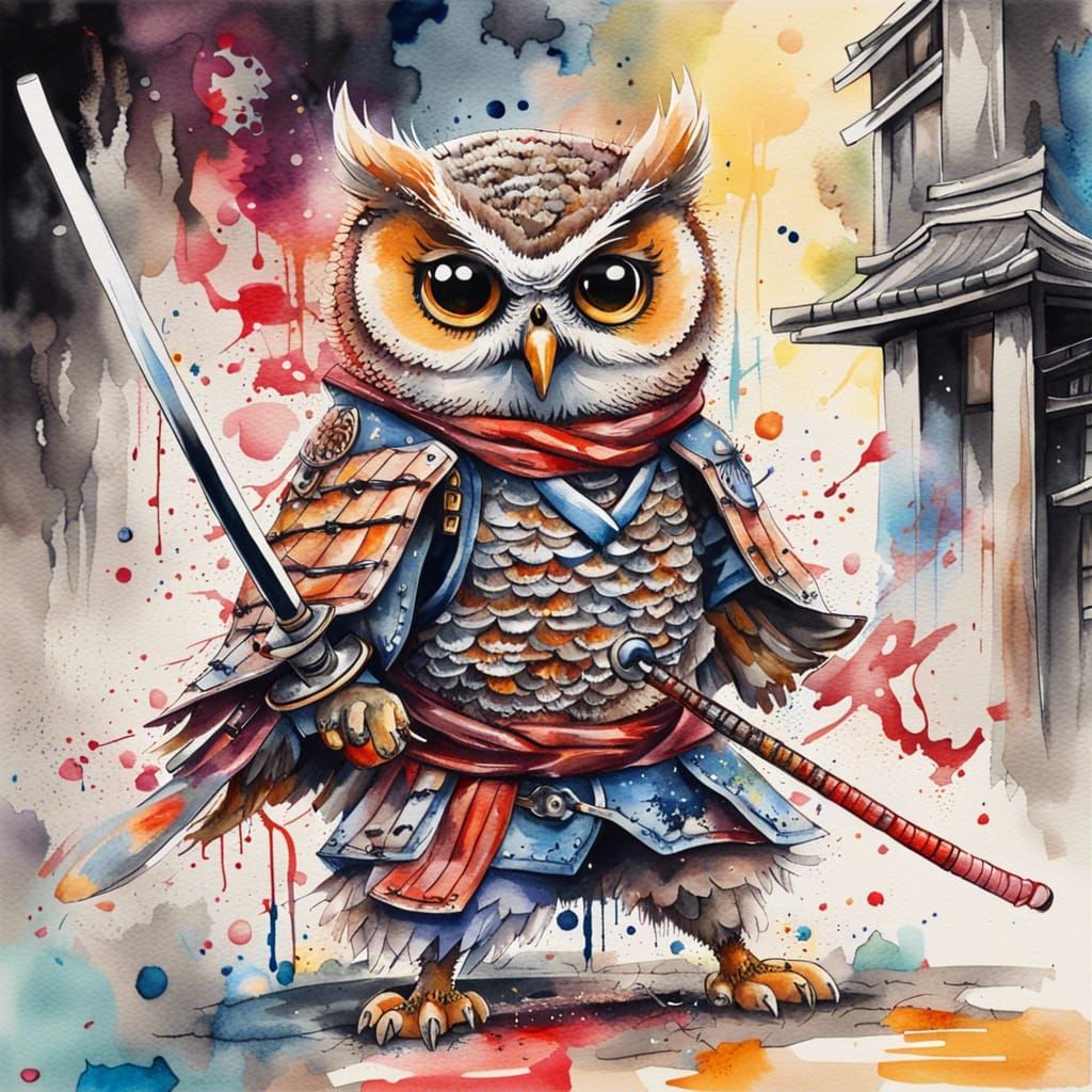 Watercolor art a cute owl with a samurai costume fighting with katana ...