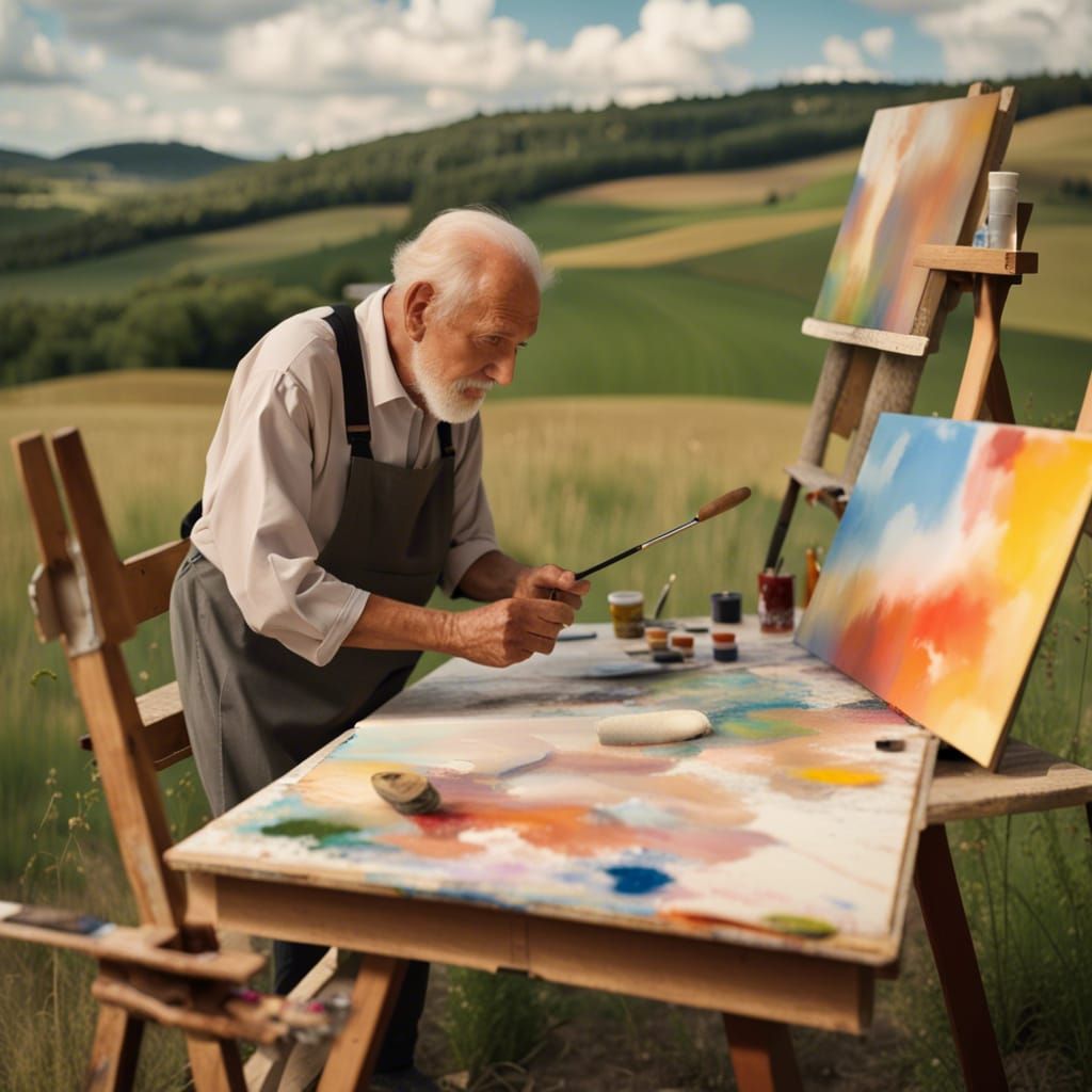 Wide shot photo, color photo, shot on Hasselblad X1D of retired man ...