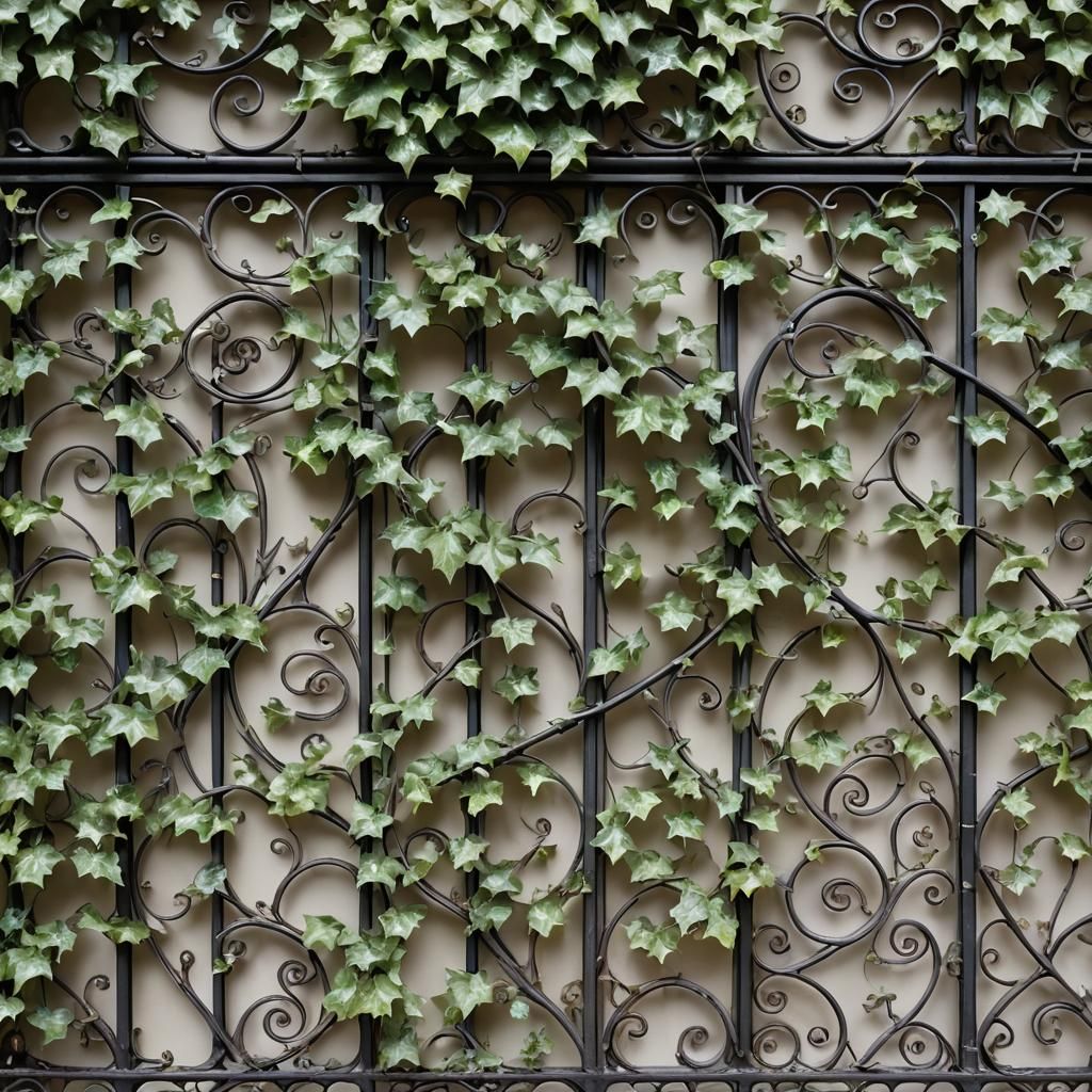 An ornate wrought iron fence depicting ivy vines and leaves , style of ...