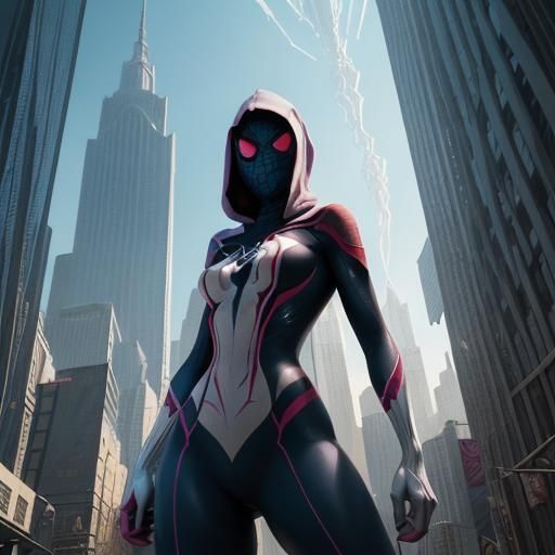Spider-Gwen, with hood and mask, depicted as a colossal giant woman ...