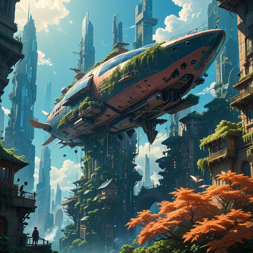 Solarpunk Cityscape with Majestic Flying Ship - AI Art