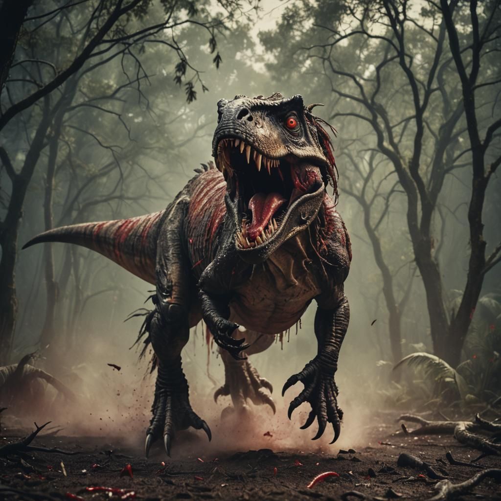 T rex dinosaur with Feathers jumped covered in blood red eyes - AI ...