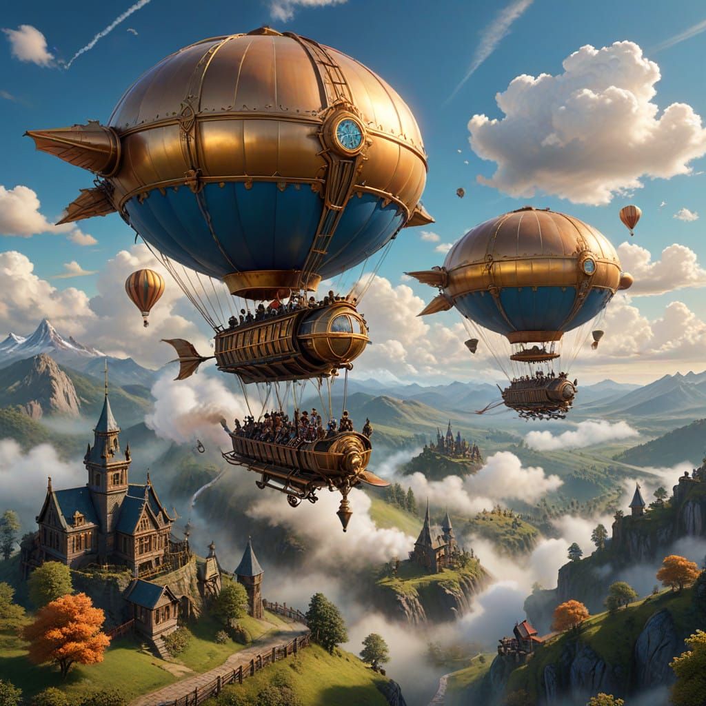 Steampunk Wonders: Wizards Soar on Broomsticks Ami... - AI Art