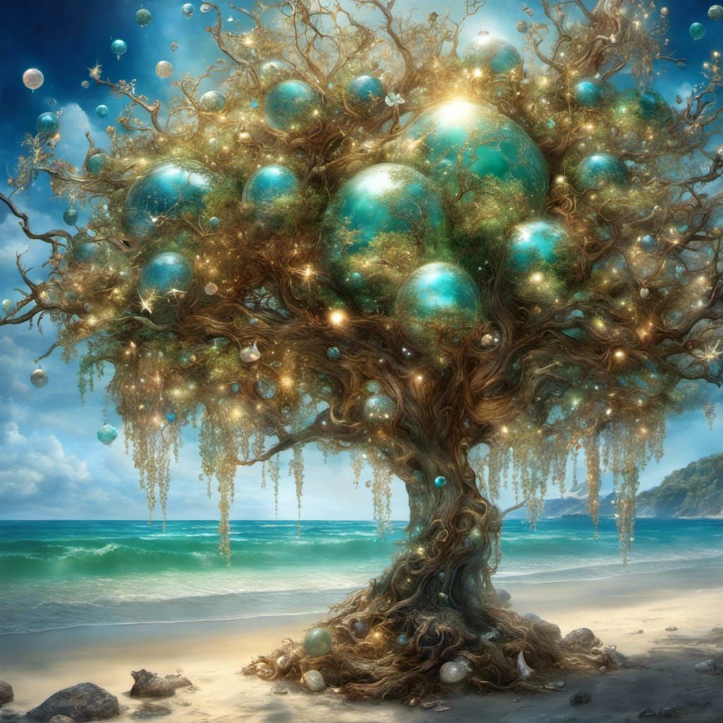 a sparkling fantastical tree on a beautiful beach with mother-of-pearl ...