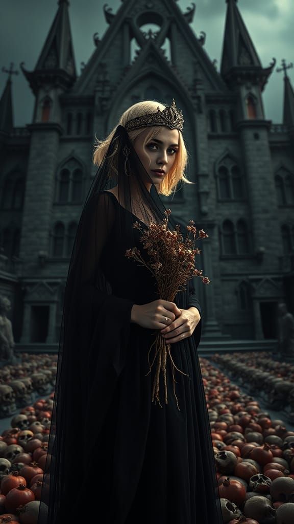 Persephone in Eerie Hades Castle with Floral Bouqu... - AI Art